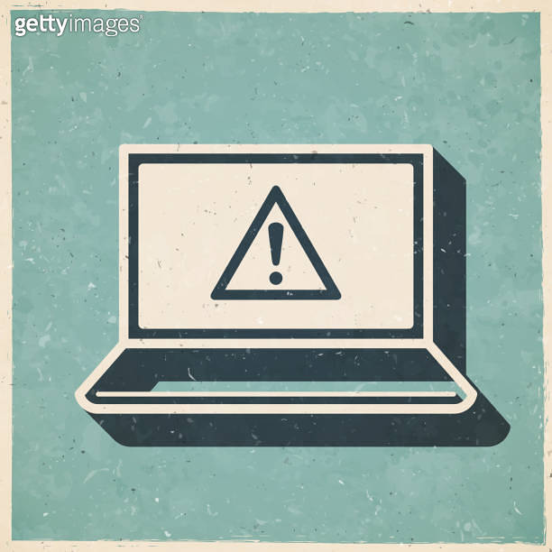 Laptop with hazard warning attention. Icon in retro vintage style - Old textured paper 이미지 ...