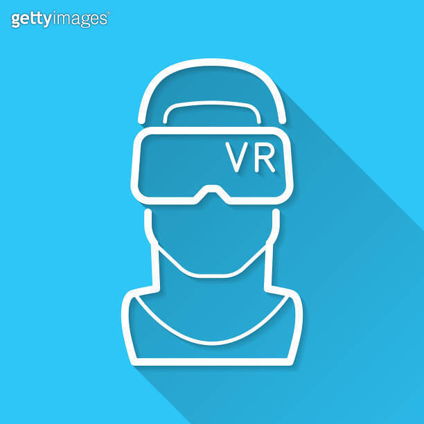 Man with VR headset - Virtual reality. Icon on blue background - Flat ...