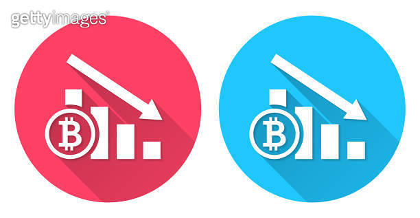 Chart of decreased Bitcoin rate. Round icon with long shadow on red or blue background 이미지 ...