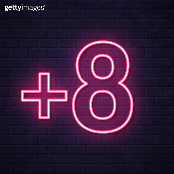 +8, Plus eight. Glowing neon icon on brick wall background 이미지 ...