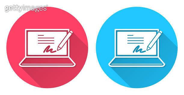 Electronic signature on laptop. Round icon with long shadow on red or ...
