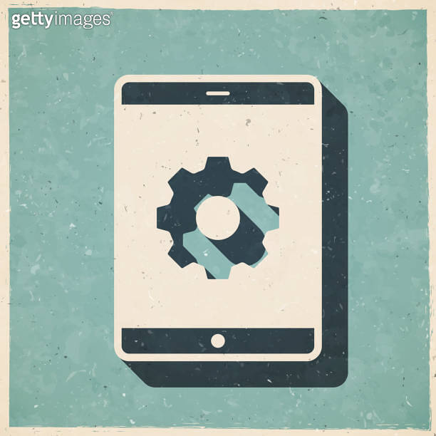 Tablet PC settings - Gears. Icon in retro vintage style - Old textured ...