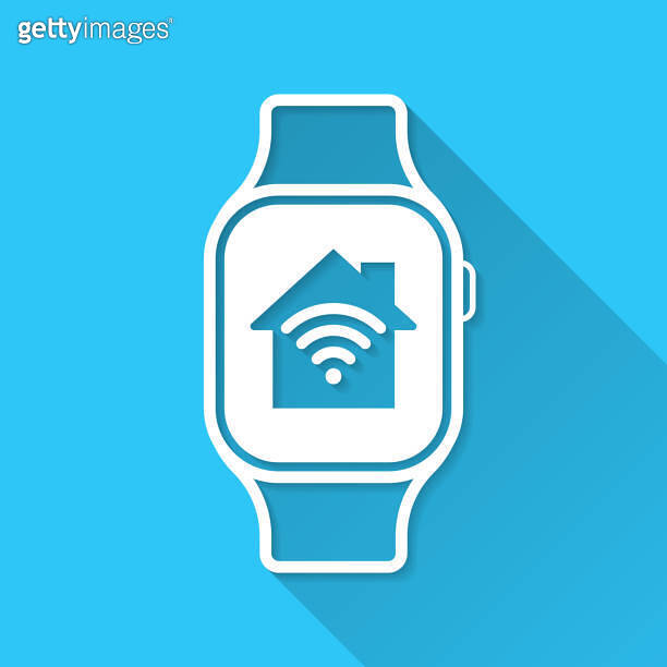 Smartwatch with smart home. Icon on blue background - Flat Design with ...