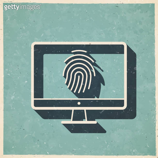 Desktop computer with fingerprint. Icon in retro vintage style - Old ...