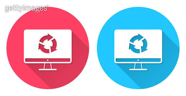 Refresh or reload on desktop computer. Round icon with long shadow on ...