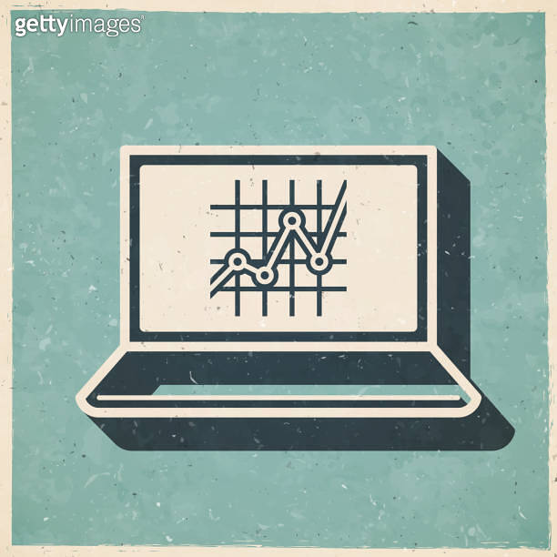 Laptop with graph. Icon in retro vintage style - Old textured paper 이미지 ...