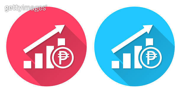 Chart of increased Peso rate. Round icon with long shadow on red or blue background 이미지 ...
