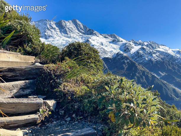 Sealy Tarns alpine walking track in the Mt Cook National Park 이미지 ...