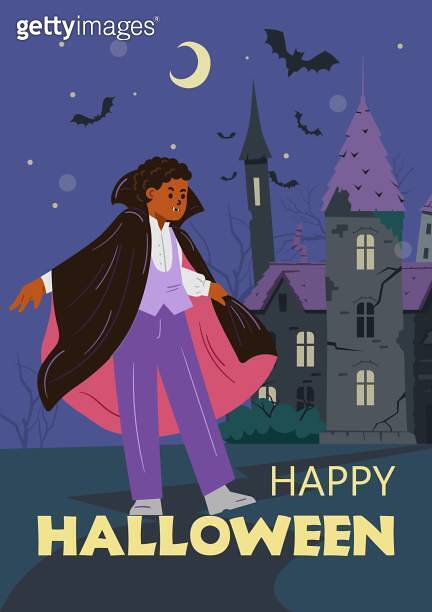 Happy Halloween greeting card with african american boy in Dracula ...