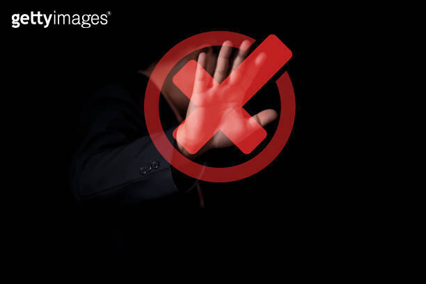 Businessman open the hand showing gesture with red stop sign, Concept ...