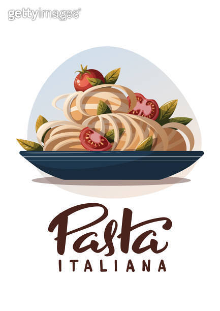 Card design with Plate of Italian pasta with tomatos. Italian cuisine ...
