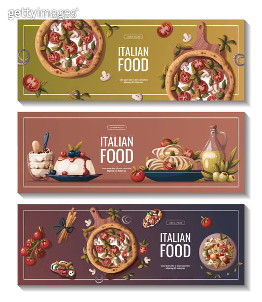 Banners with Italian pizza, pasta, bruschetta, lasagna, olive oil ...