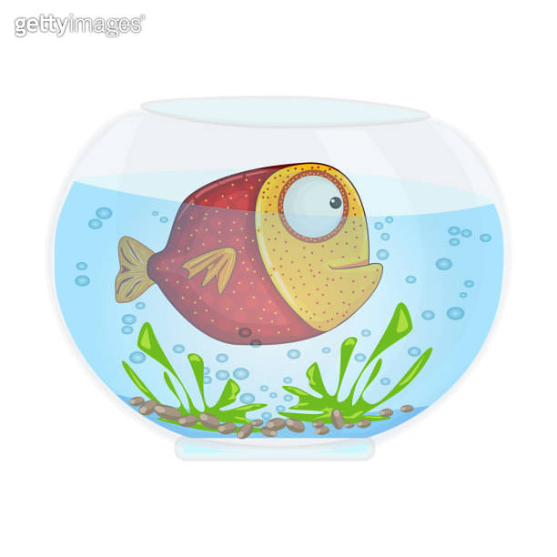 Cartoon fishbowl with funny blue fish, water, seaweed, algae, stones ...