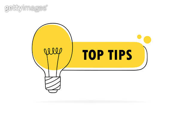 Top tips label design with light bulb which glowing. Linear light bulb ...