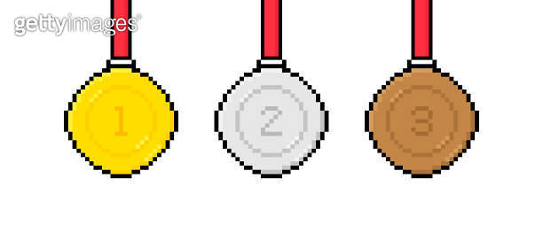 8 bit pixel art gold, silver, bronze medal with red ribbon. 1st, 2nd ...