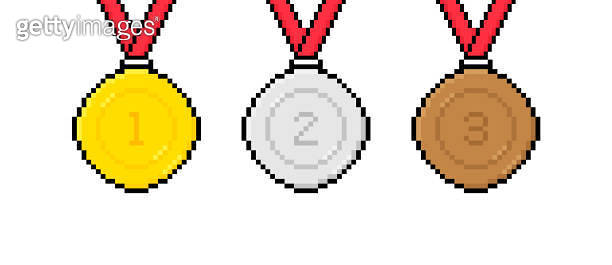 8 bit pixel art gold, silver, bronze medal with red ribbon. 1st, 2nd ...