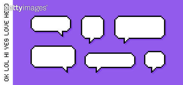 Set different shape pixel speech bubble. Geometric texting dialogue boxes. Colored quote box ...