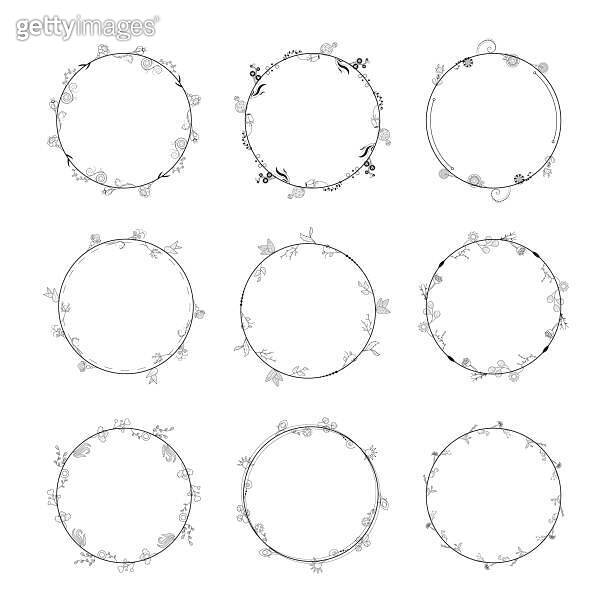 Set Abstract Black Collection Simple Line Round Circle With Leaf Leaves ...