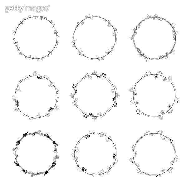 Set Abstract Black Collection Simple Line Round Circle With Leaf Leaves ...