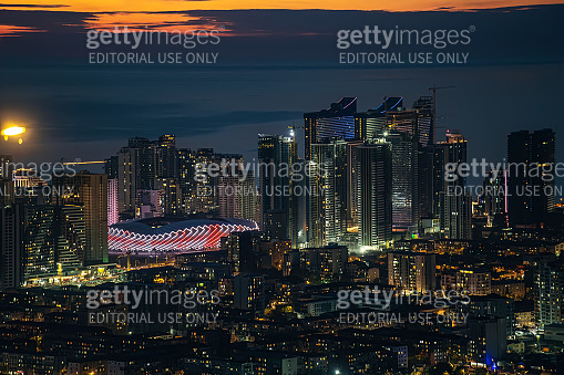 Batumi Stadium with night illumination, view from mountain to Batumi ...