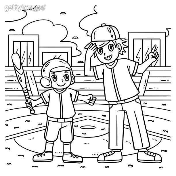 Baseball Boy and Coach Coloring Page for Kids (1798674351) 일러스트, 무료 ...