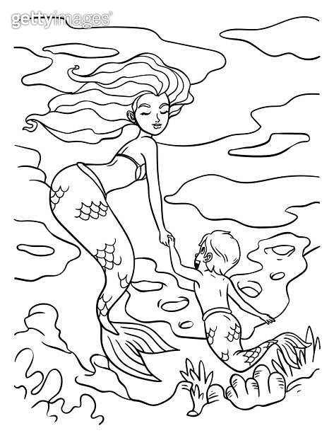 Mermaid and Young Merman Coloring Page for Kids (1465551852) 일러스트, 무료 ...