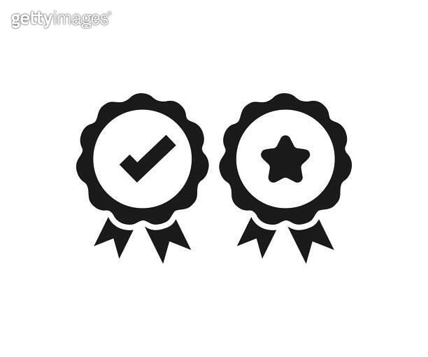 Award badge with checkmark and star icon design. Quality ribbon medal ...