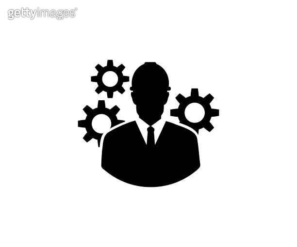 Engineer Profile with cogwheel sign. Male Person silhouette symbol ...