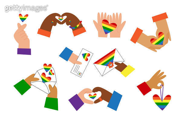 Happy pride set with hands holding LGBT valentines rainbow symbols ...