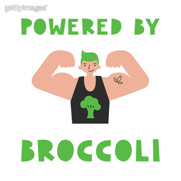 Powered by broccoli. Strong man with muscles and vegetable symbol. Male ...