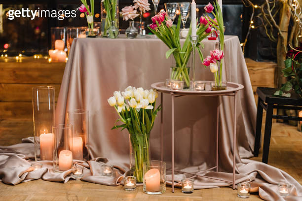 Table setting in restaurant. Romantic date. Luxury candlelight dinner ...