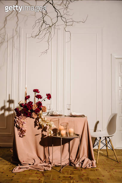 Romantic date. Luxury candlelight dinner table setup for couple on ...