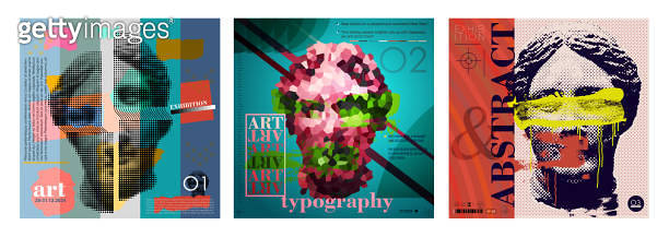 Set of art collage designs. With colored halfone faces in abstract ...