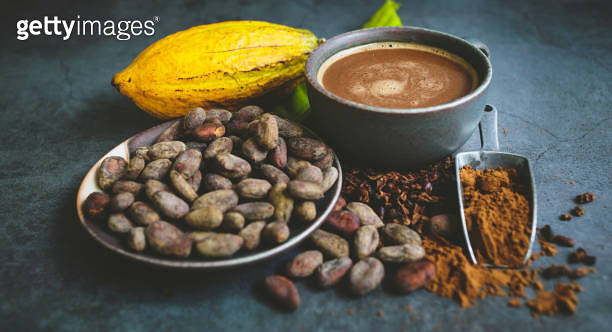 The cocoa collection set .hot chocolate mug shot, brown cocoa powder or ...