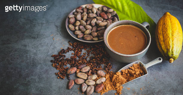 The cocoa collection set .hot chocolate mug shot, brown cocoa powder or ...