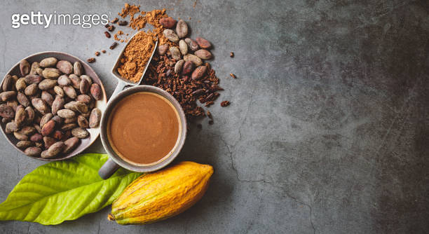 The cocoa collection set .hot chocolate mug shot, brown cocoa powder or ...