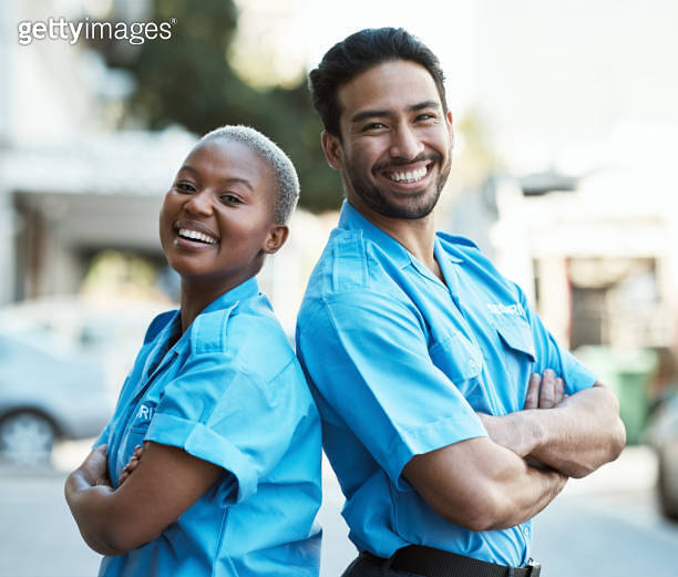 People, portrait and security guard smile with arms crossed in city for ...