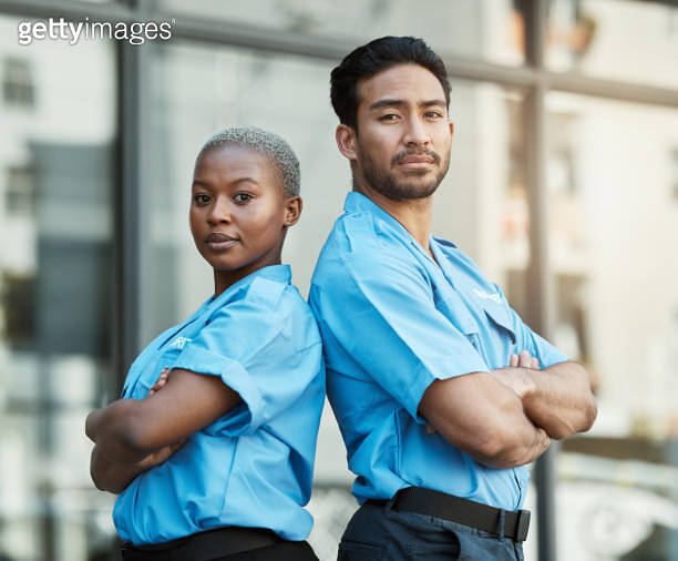 People, portrait and security guard team with arms crossed in city for ...