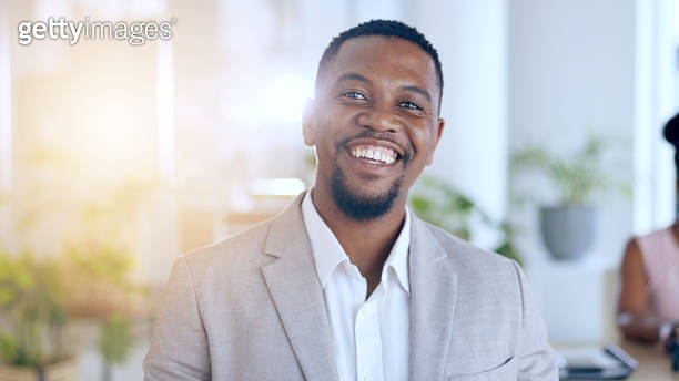 Business, portrait and black man with smile in office for career ...
