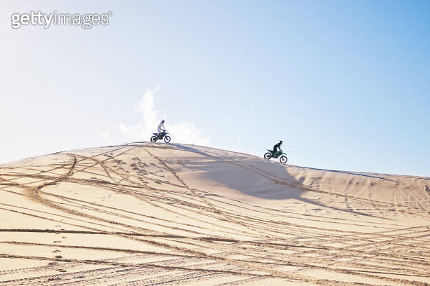Desert, motorbike race or sports person travel, journey and driving on ...