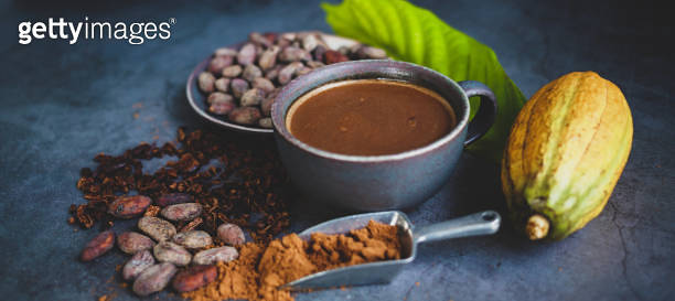 The cocoa collection set .hot chocolate mug shot, brown cocoa powder or ...