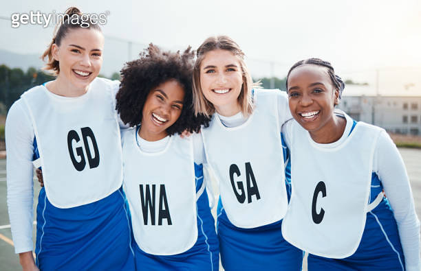 Netball, team and friends in portrait, women on outdoor court and smile ...