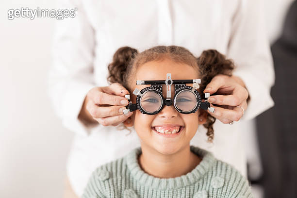 Vision, optometrist and portrait of child with glasses to test, check ...