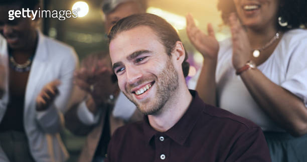 Business people, celebrate and clap for success at a computer in a ...