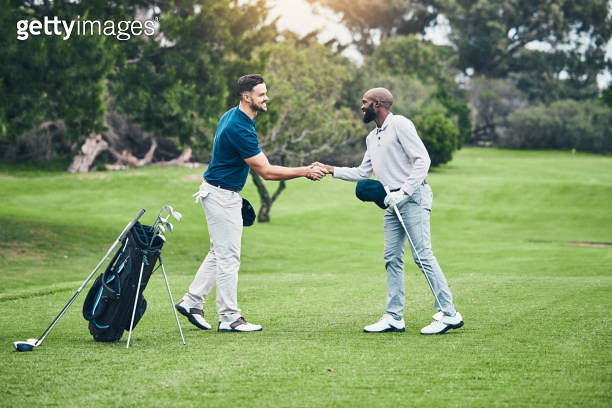 Men, golf course grass and handshake for friends at game, sport and ...