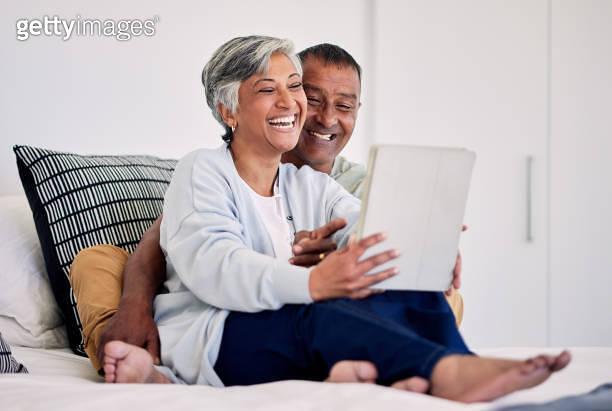 Happiness, bedroom tablet and elderly couple laughing at funny social ...