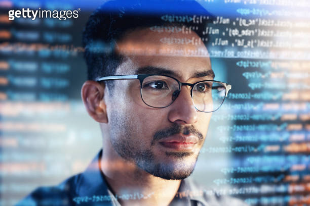 Software, coding hologram and man thinking of data analytics, night ...