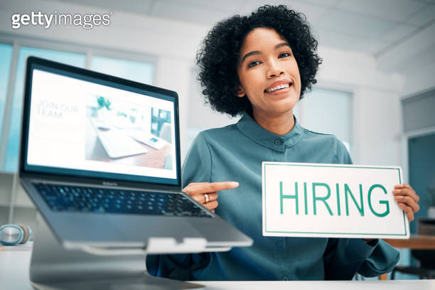 Woman, pointing and hiring sign, laptop and human resources with offer ...