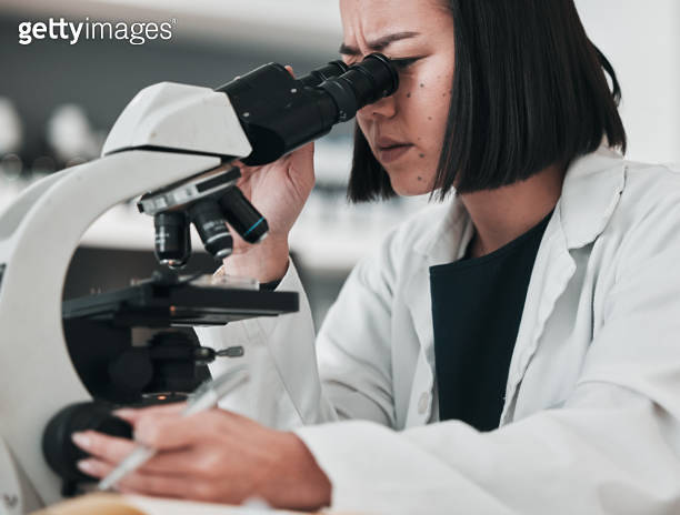 Science, check microscope and Asian woman in laboratory for research ...