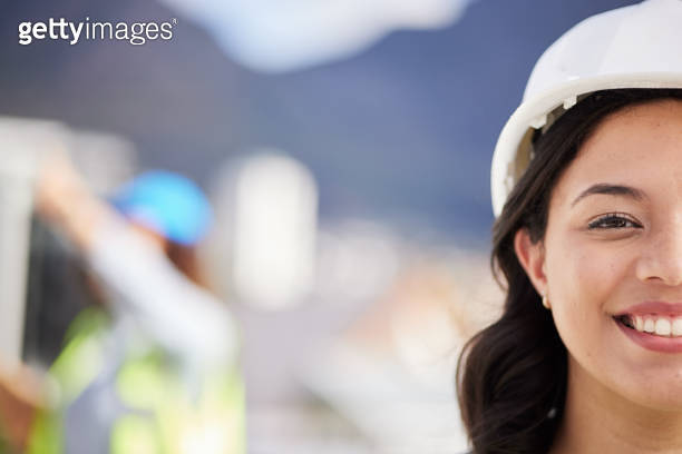 Woman, engineering portrait and city construction site, project ...